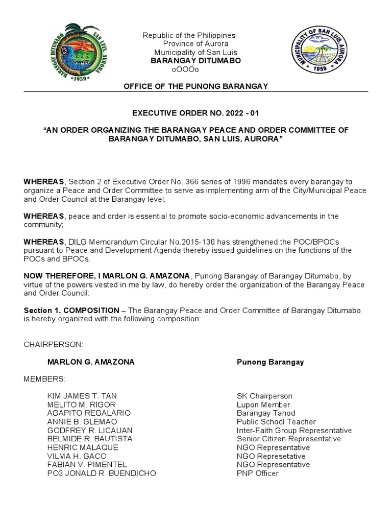 Barangay Executive Orders DITUMABO 2022 (KAP AMAZONA) | PDF | Gender ...