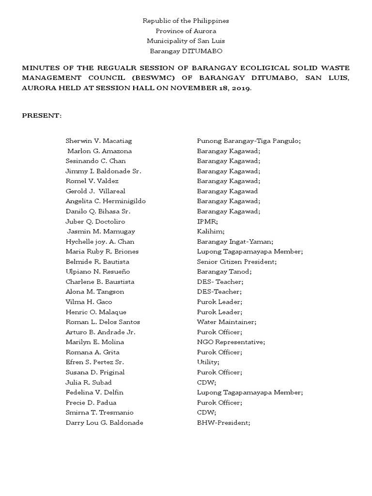 BESWMC Plan Approval Minutes 2019 | PDF | Philippines