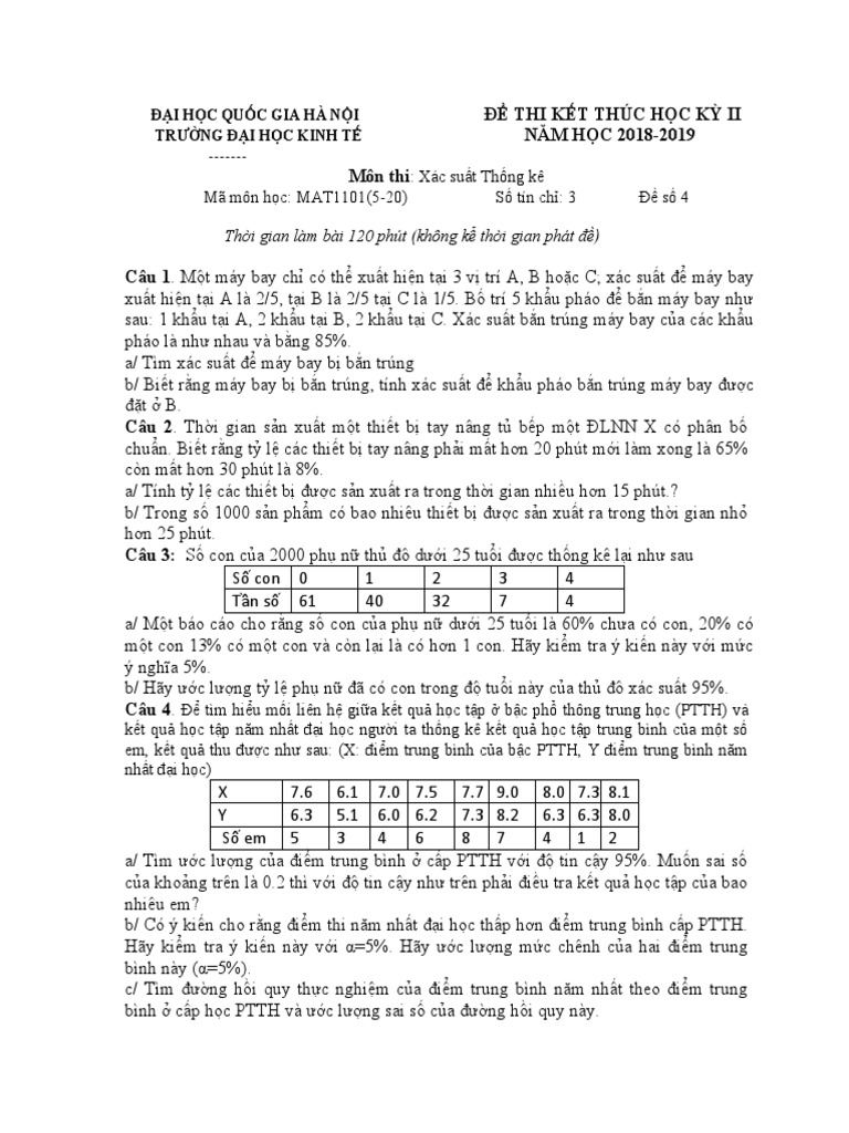 ĐỀ THI HỌC KỲ-XSTK - kinh te 2019 - 4 | PDF