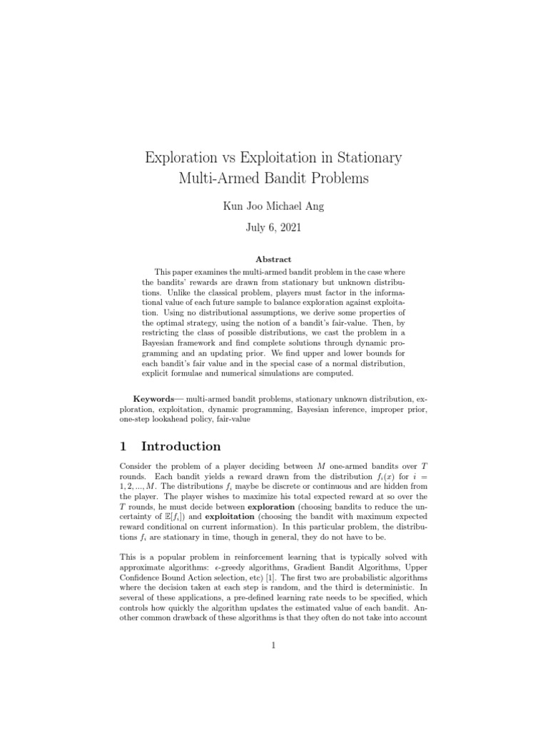 Exploration Vs Exploitation in Stationary Multi-Armed Bandit Problems | PDF | Applied ...