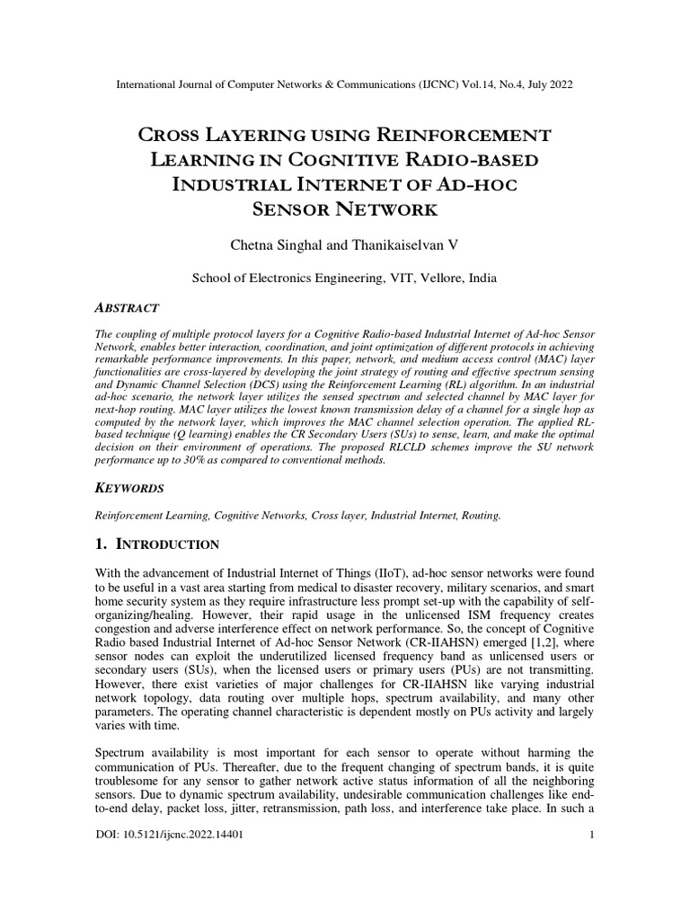 Cross Layering Using Reinforcement Learning In Cognitive Radio Based Industrial Internet Of Ad