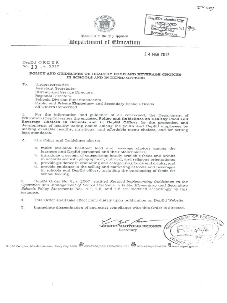 DepEd Order No. 13, s.2017 Policy and Guidelines On Healthy Food and ...