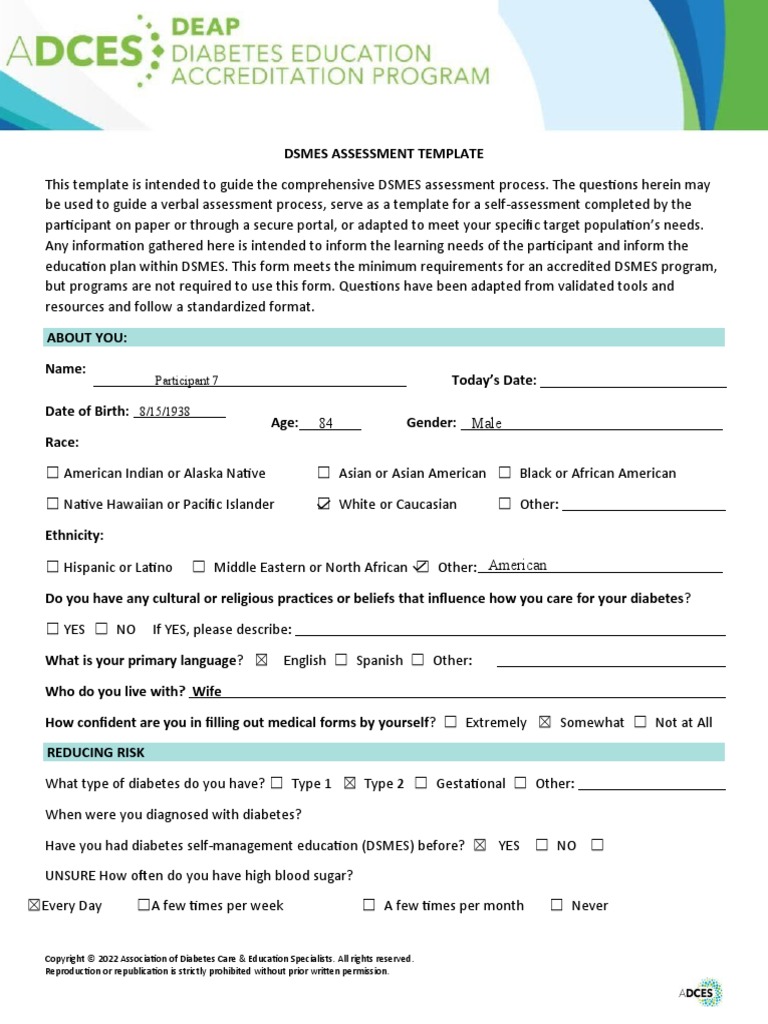 DSMES Assessment Template (Chart 7) | PDF | Race And Ethnicity In The ...