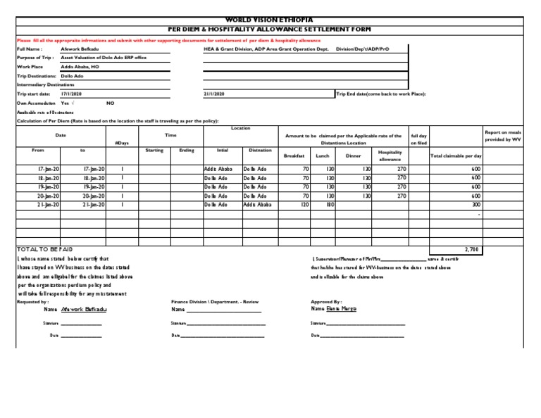 World Vision Ethiopia Per Diem & Hospitality Allowance Settlement Form ...