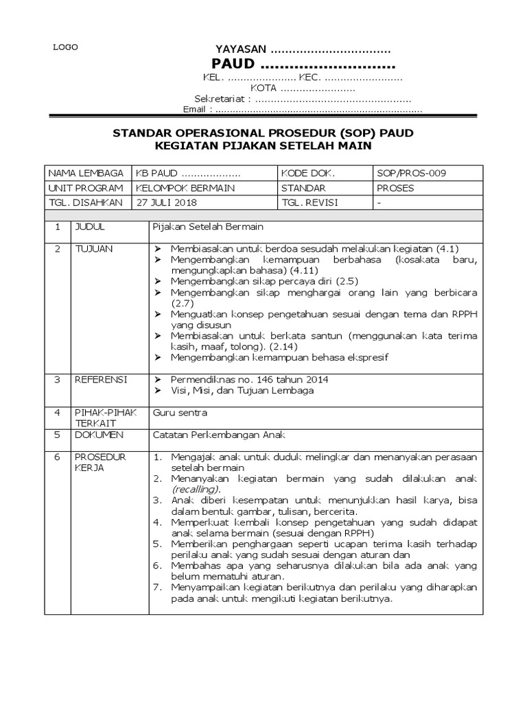 9 Sop Paud Kegiatan Pijakan Setelah Main | PDF