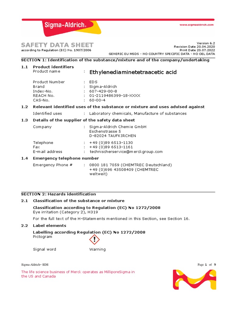MSDS EDTA Sigma-Aldrich EN | PDF | Dangerous Goods | Toxicity