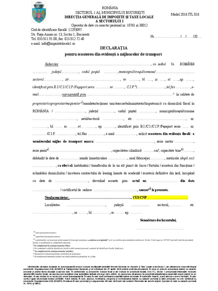 8.declaratie Pentru Scoatere Din Evidenta Transport | PDF