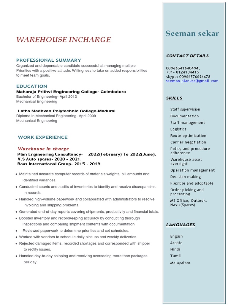 Warehouse Incharge | Download Free PDF | Warehouse | Engineering