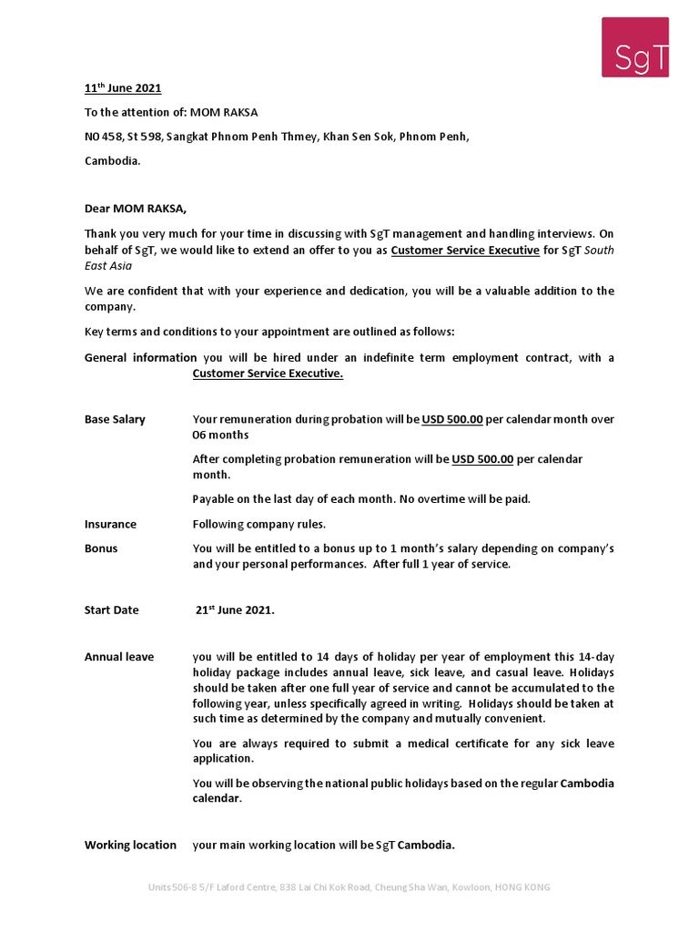 Customer Service Executive Offer Letter | PDF | Working Time | Employment