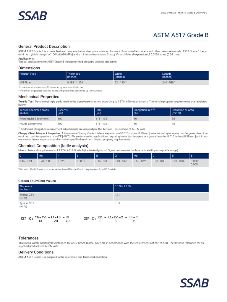 ASTM A517 Grade B: General Product Description | PDF | Welding ...