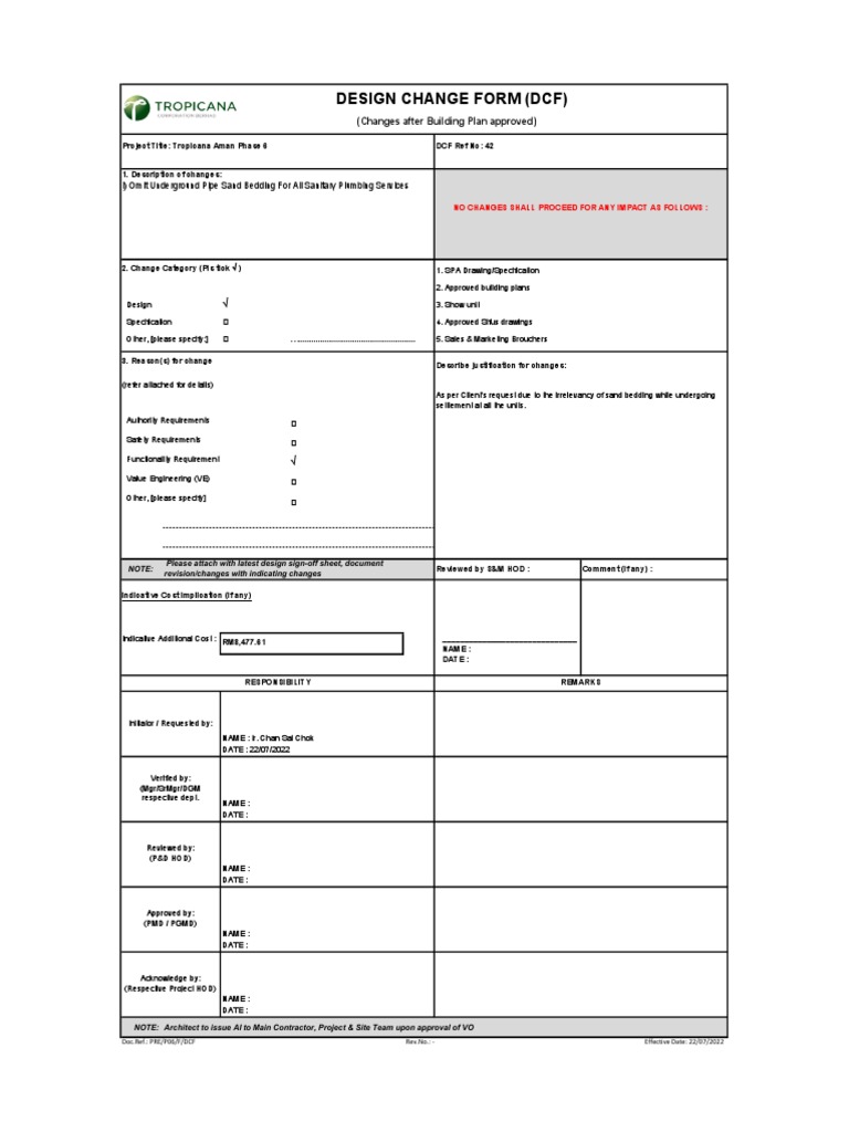 Design Change Form (DCF) : I) Omit Underground Pipe Sand Bedding For ...