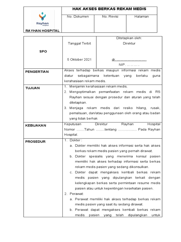Kebijakan Akses Rekam Medis RS Rayhan | PDF