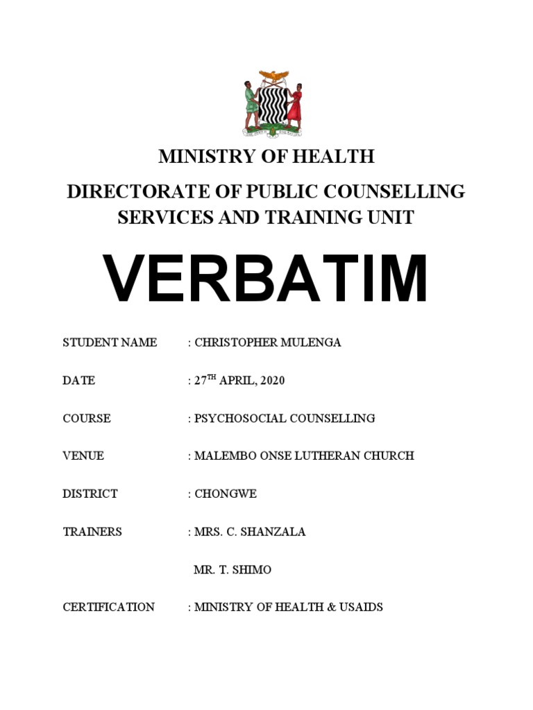 Verbatim: Ministry of Health Directorate of Public Counselling Services ...