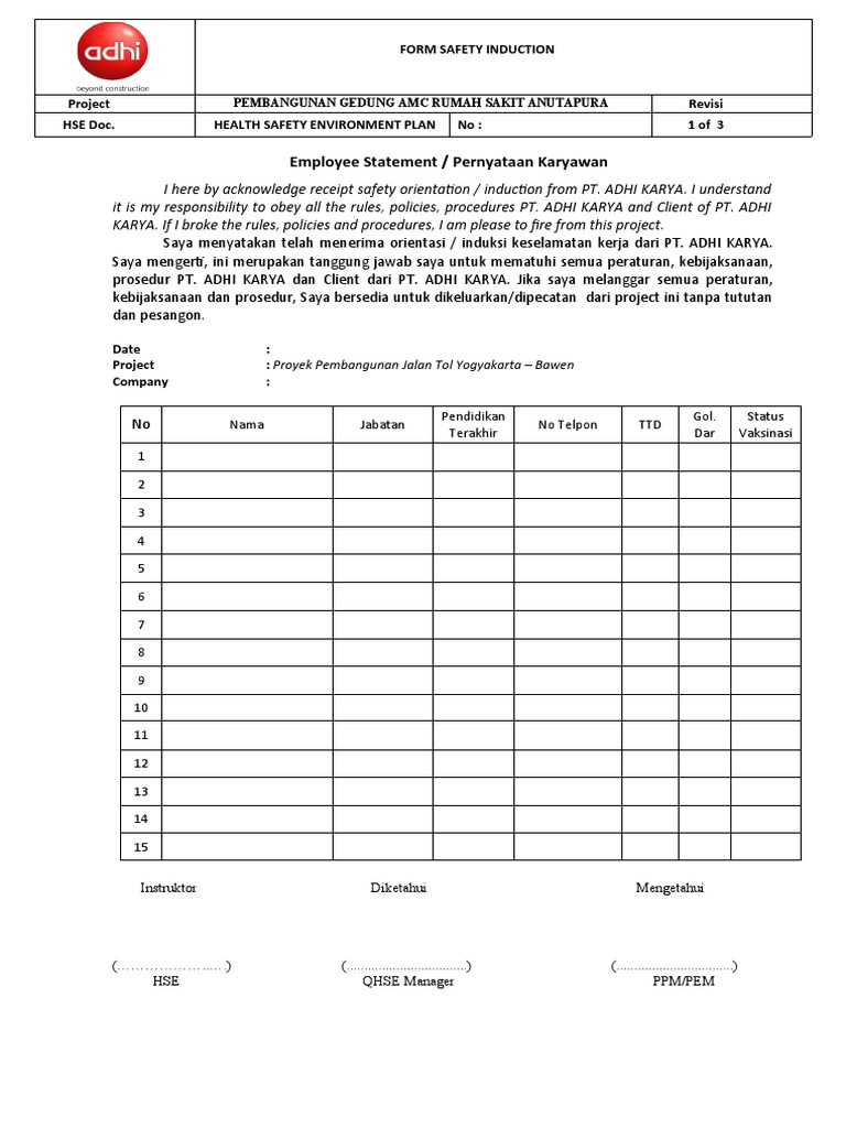 Form Safety Induction | PDF