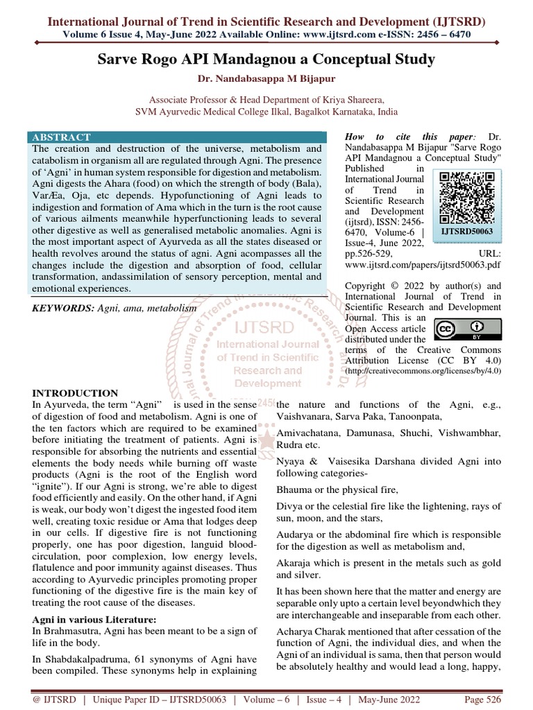 Sarve Rogo API Mandagnou A Conceptual Study | PDF | Ayurveda | Digestion