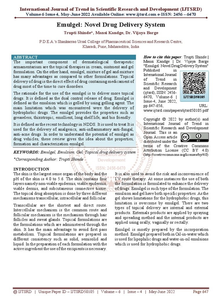 Emulgel Novel Drug Delivery System | PDF | Emulsion | Gel