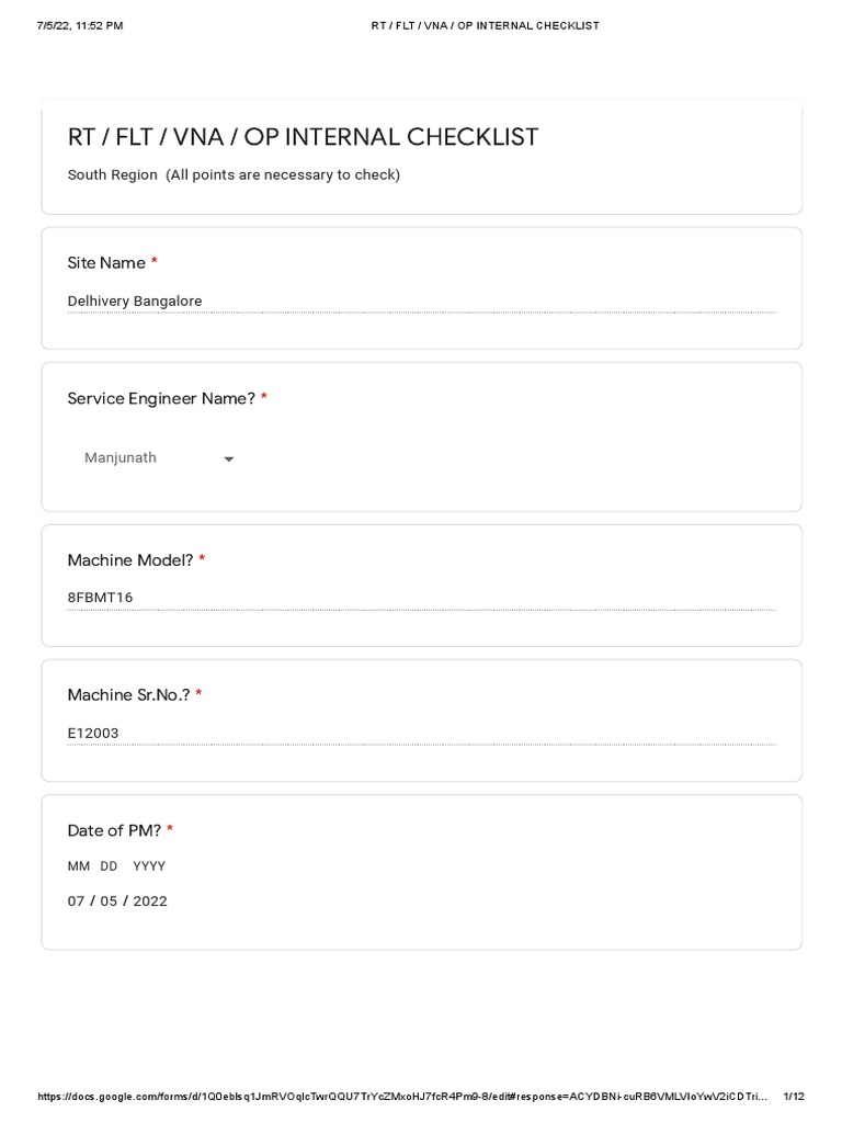 RT / FLT / Vna / Op Internal Checklist: Site Name | PDF | Electric ...