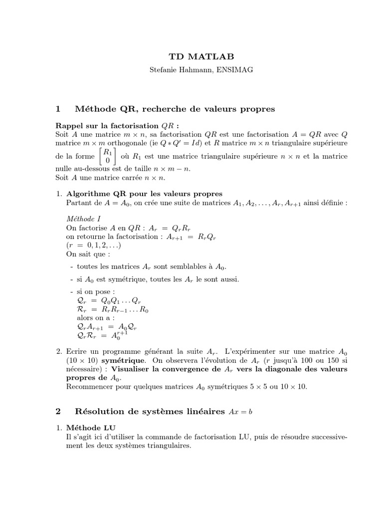 TD Matlab | PDF | Matrice (Mathématiques) | Mathématiques de l'informatique