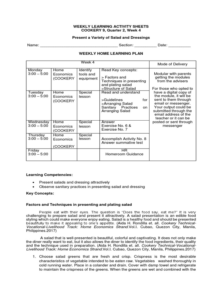 Weekly Learning Activity Sheets COOKERY 9, Quarter 2, Week 4 Present A ...