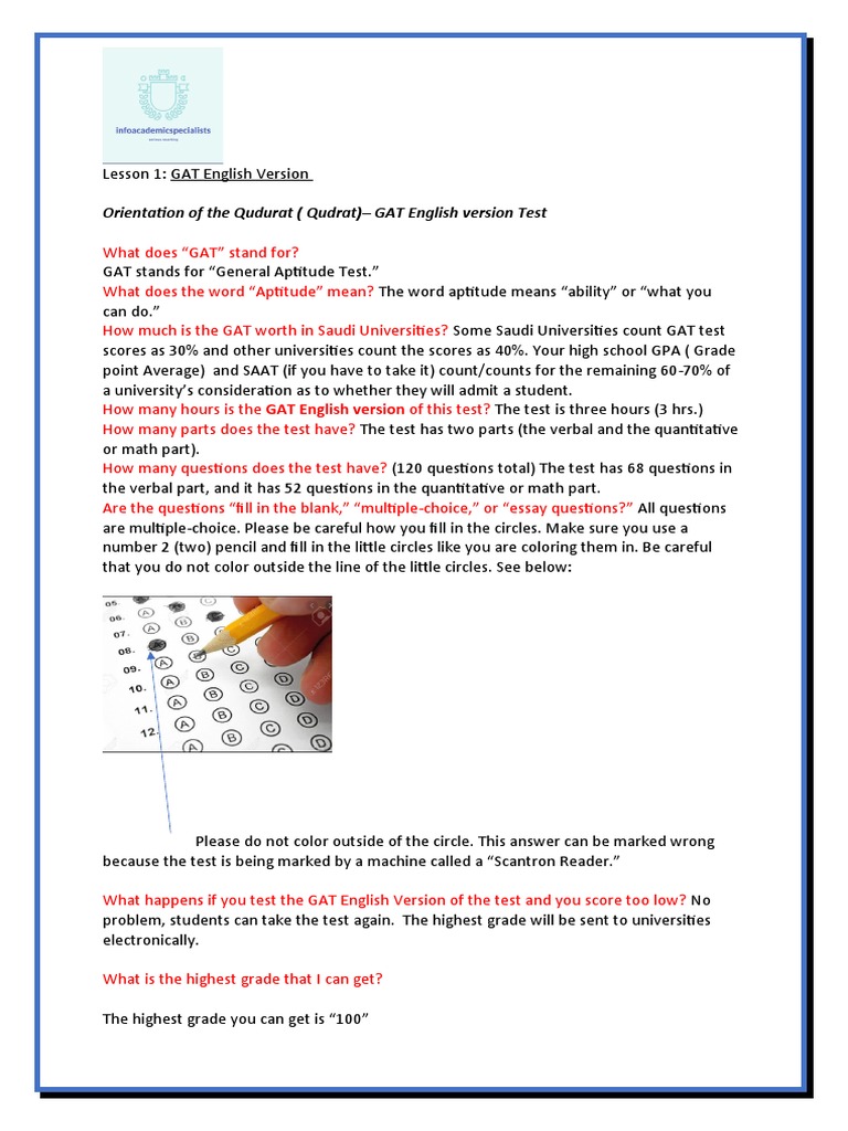 Orientation of The Qudurat (Qudrat) - GAT English Version Test | PDF ...