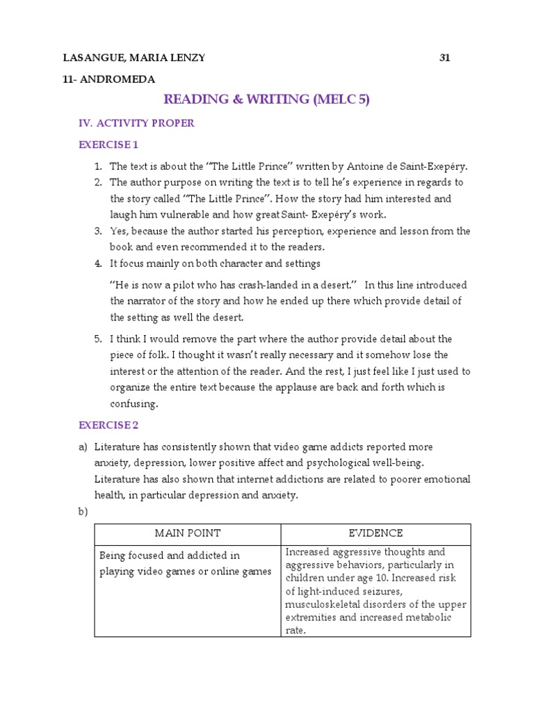 Reading & Writing (Melc 5) : Iv. Activity Proper Exercise 1 | PDF | Depression (Mood) | Anxiety