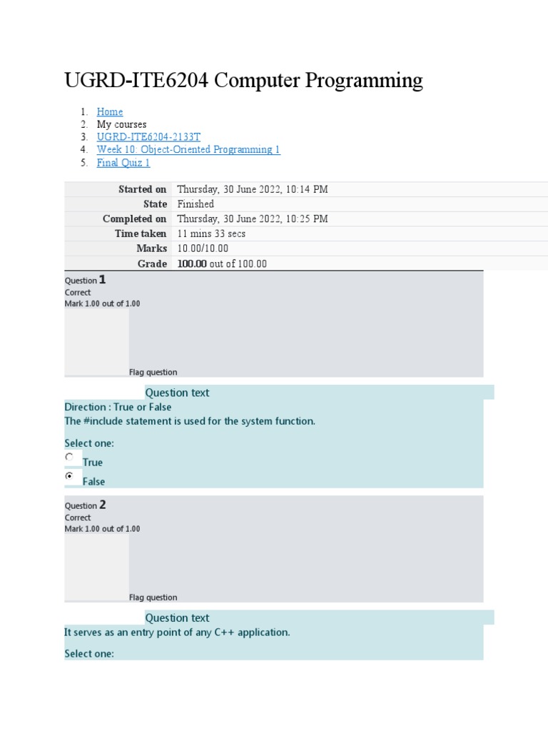 Ugrd Ite6204 Computer Programming Final Quiz 1 Pdf C Object Computer Science