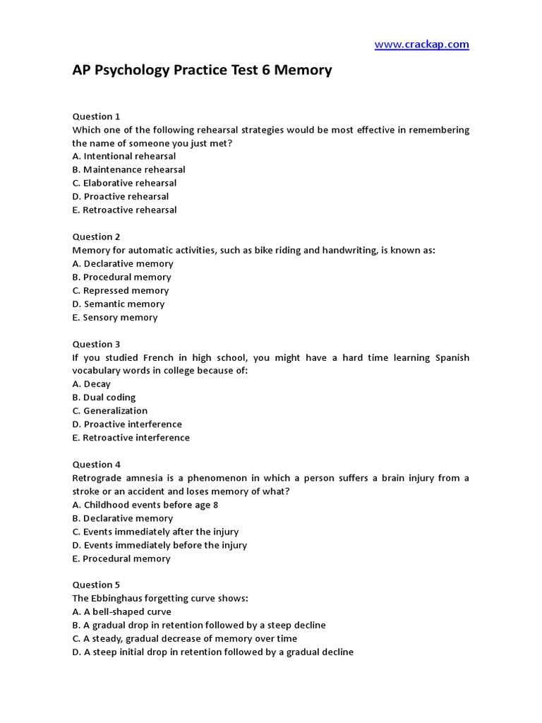 AP Psychology Practice Test 6 Memory | PDF | Memory | Long Term Memory
