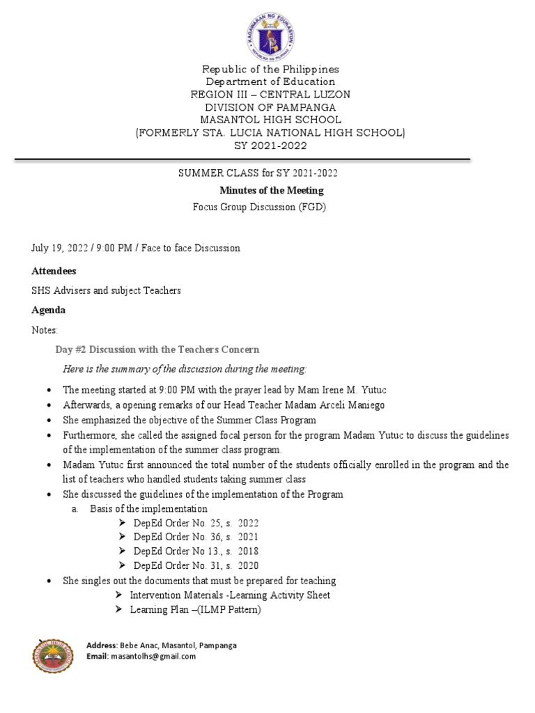 Summer class-Minutes-of-the-Meeting-for FGD For Teachers | PDF | Learning
