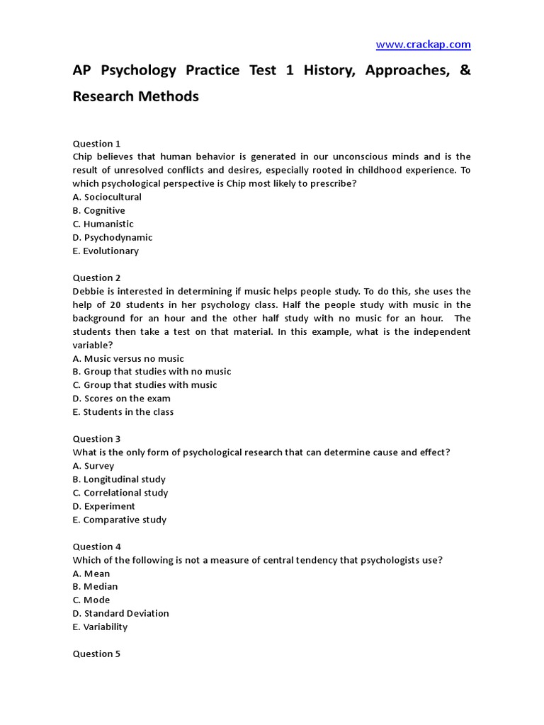 AP Psychology Practice Test 1 History, Approaches, & Research Methods ...