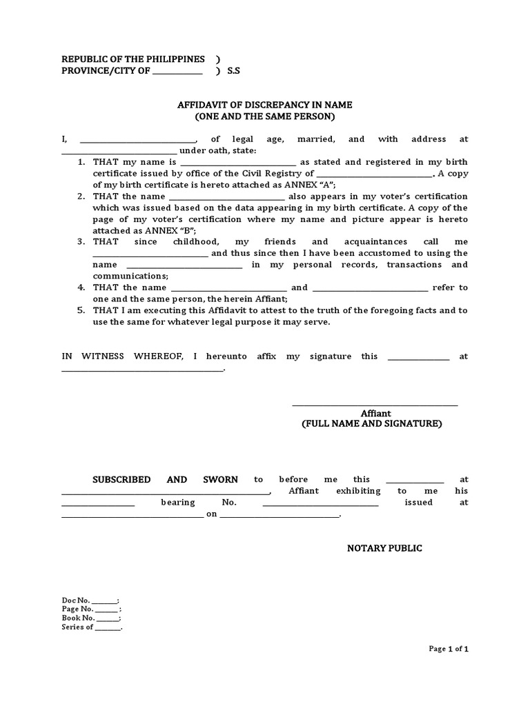 Affidavit of Discrepancy (One and The Same Person) | PDF | Affidavit ...