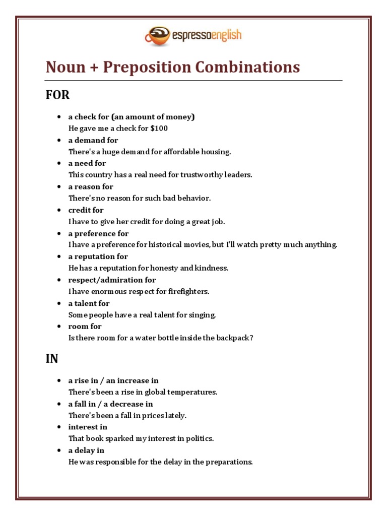 Noun Preposition Combinations in English | PDF | Language Arts ...