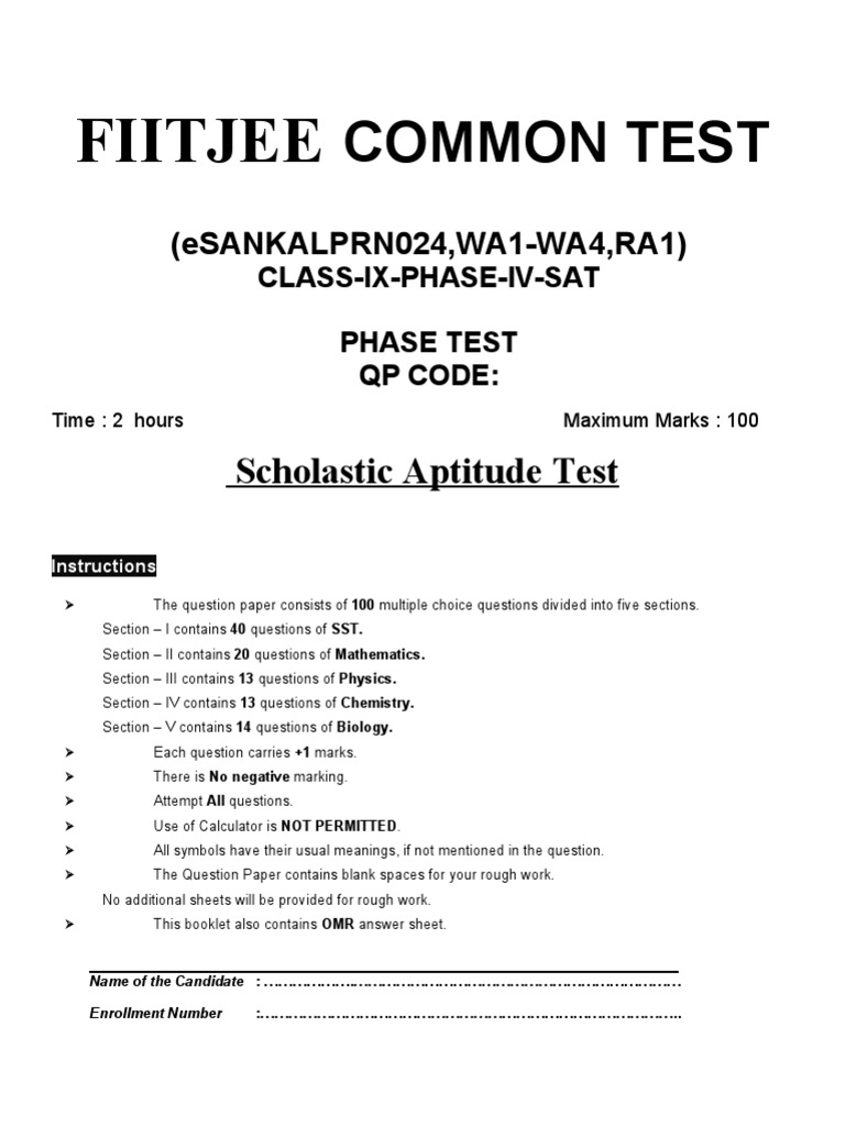 FIITJEE COMMON TEST CLASS-IX-PHASE-IV-SAT | PDF | Waves | Sound