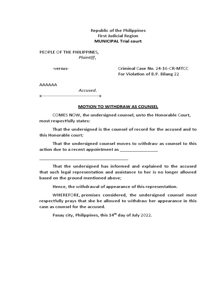 Ex Parte Motion To Withdraw As Counsel Sample | PDF