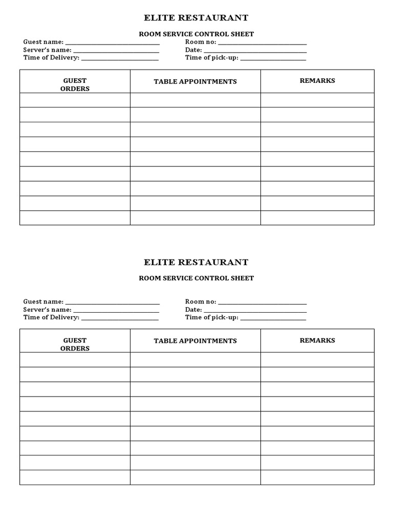 Elite Restaurant: Room Service Control Sheet | PDF | Finance & Money ...