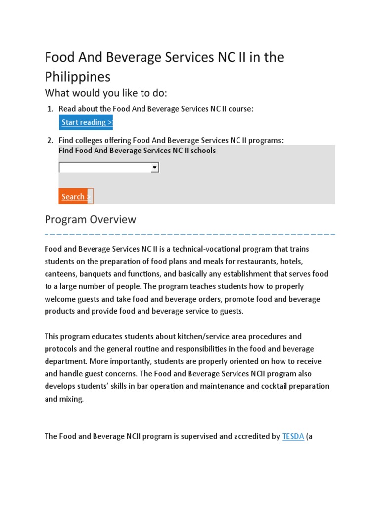 Food and Beverage Services NC II Overview | PDF | Waiting Staff ...