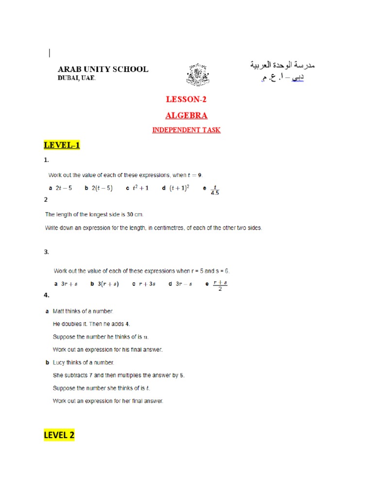 Independent Task Lesson 3 Algebra | PDF