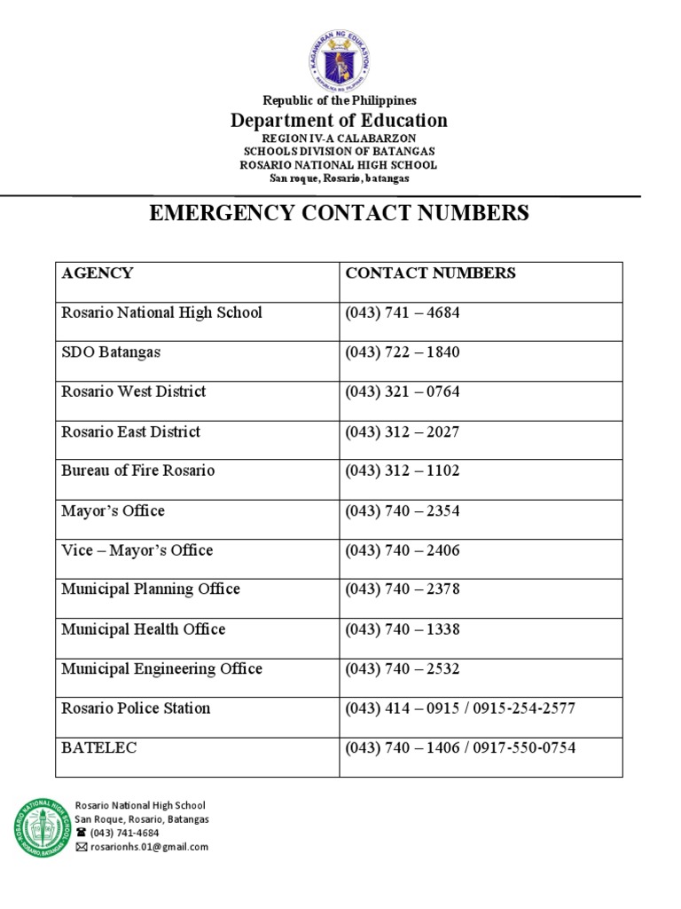 Emergency Contact Numbers: Department of Education | PDF