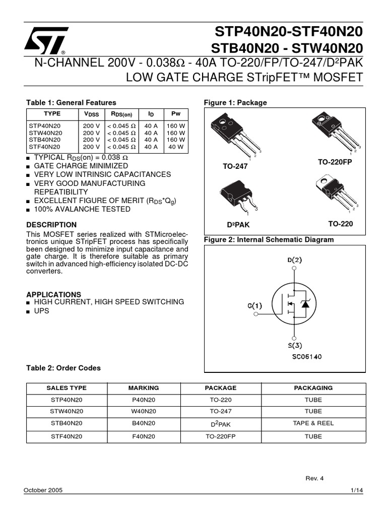 STP40N20-STF40N20: STB40N20 - STW40N20 | PDF | Mosfet | Patent