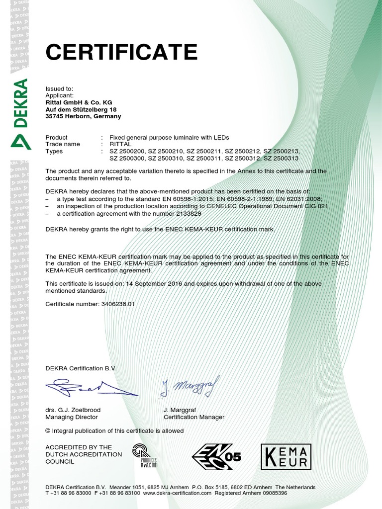 Certificate: Rittal GMBH & Co. KG Auf Dem Stützelberg 18 35745 Herborn ...