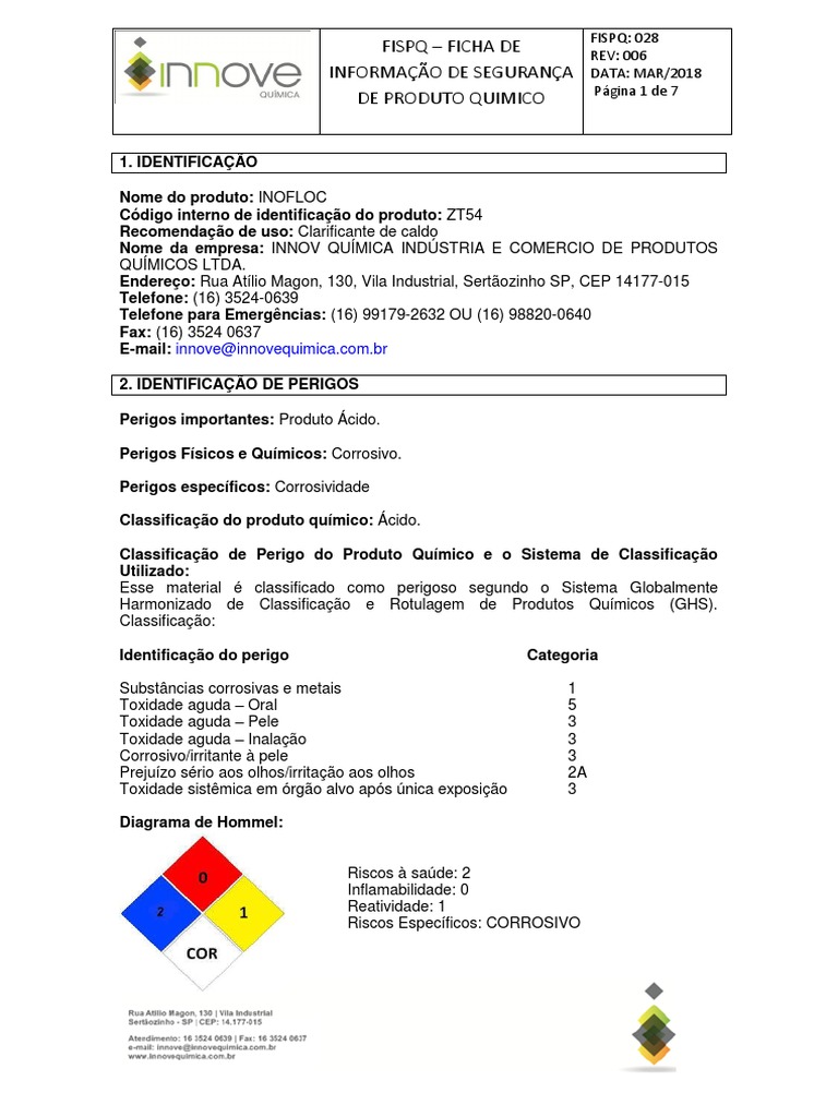 Ácido Fosfórico - Innove - FISPQ. 028-05-INOFLOC ZT54 | PDF | Embalagem ...