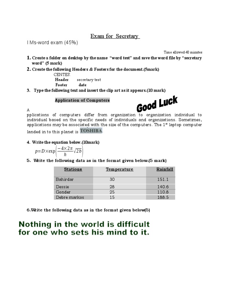 Exam For Secretary: I Ms-Word Exam (45%) | PDF | Spreadsheet ...