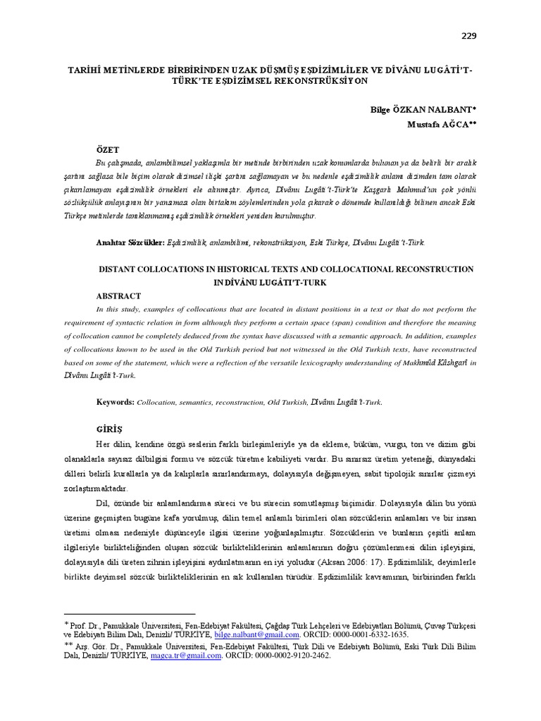 Tari̇hî Meti̇nlerde Bi̇rbi̇ri̇nden Uzak Düşmüş Eşdi̇zi̇mli̇ler Ve Dîvânu Lugâti̇'t-Türk'te ...