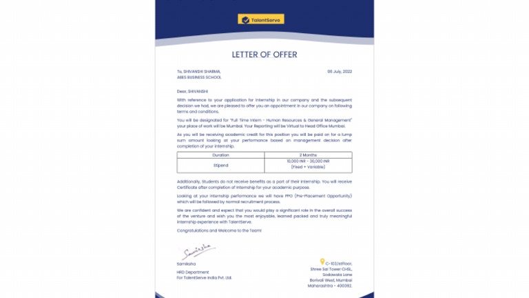 Talentserve Offer Letter | PDF