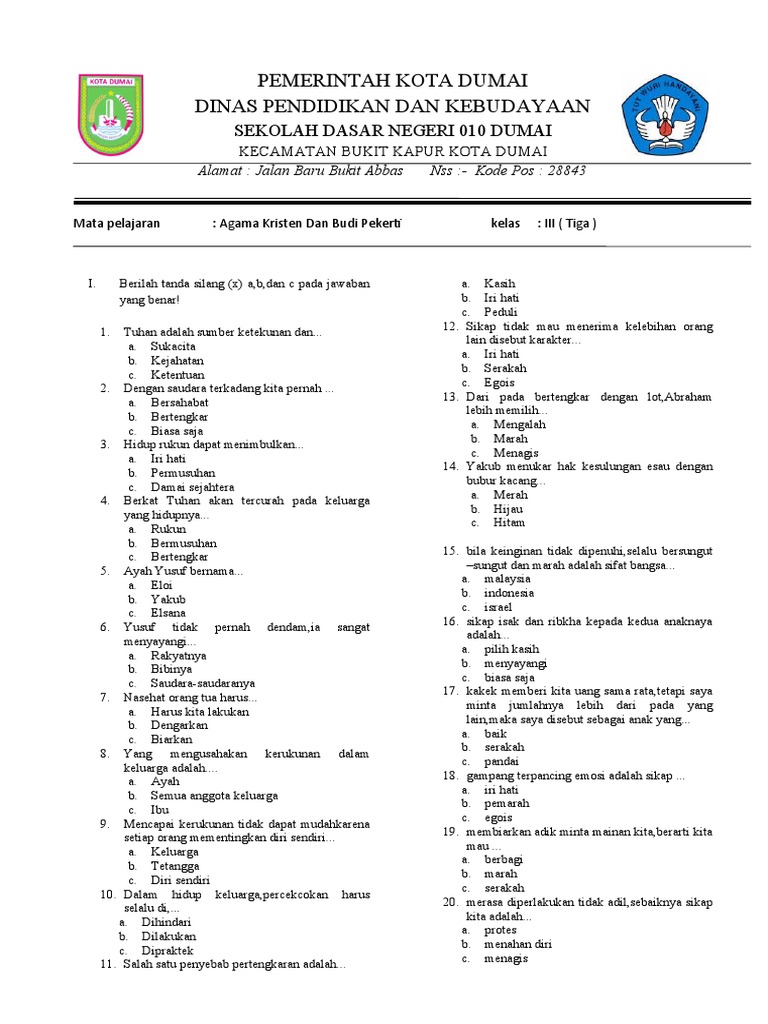 Soal Pak Kelas 3 SD | PDF
