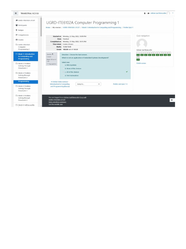 UGRD-ITE6102A Computer Programming 1 Prelim Quiz 1 | PDF