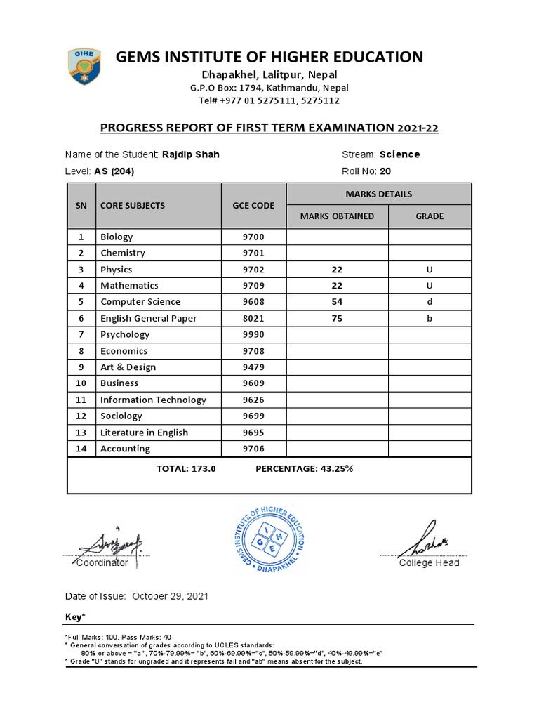 Marksheet First Term 2021 | PDF | Science