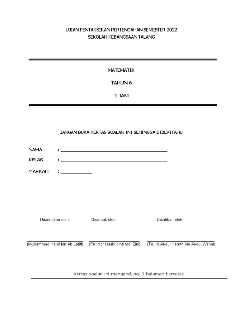 Soalan Matematik Tahun 6 Semester 1 | PDF