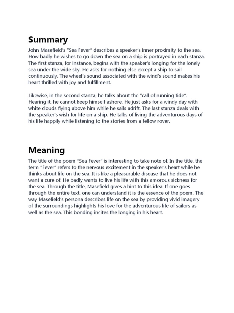 Sea Fever by John Masefield | PDF | Poetry | Sea