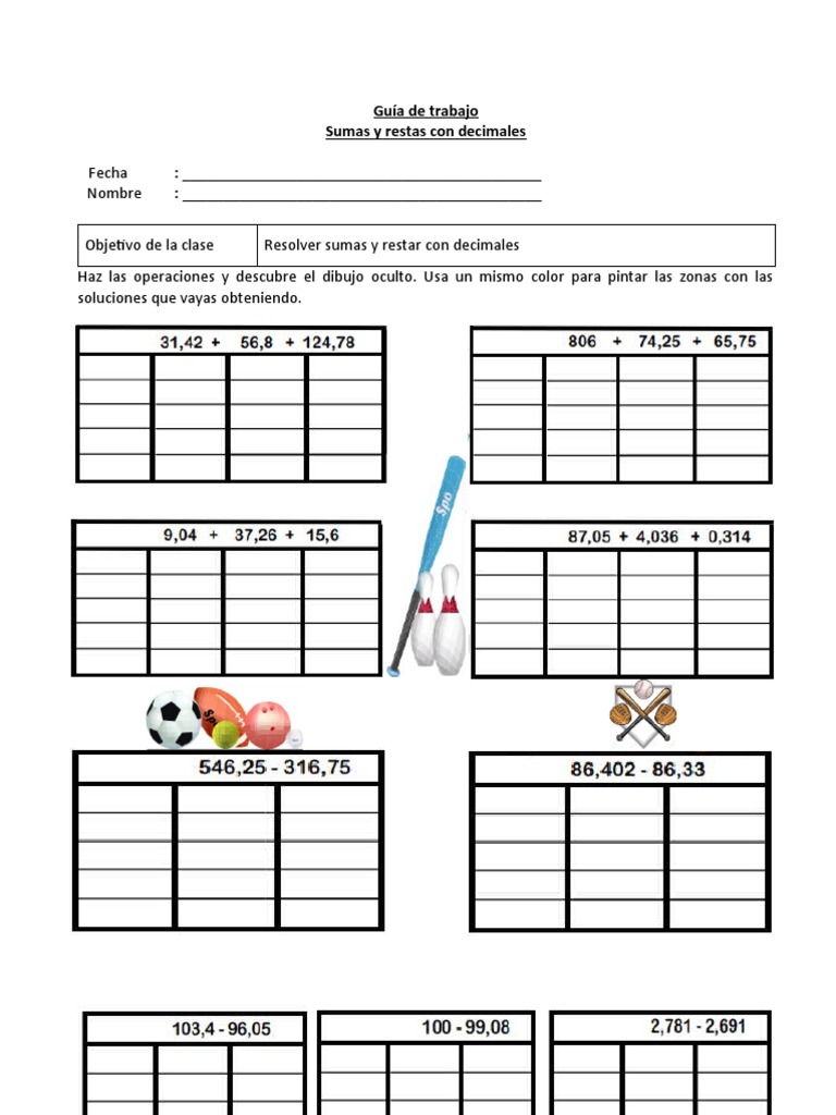 Guía de Trabajo Sumas y Restas Con Decimales | PDF