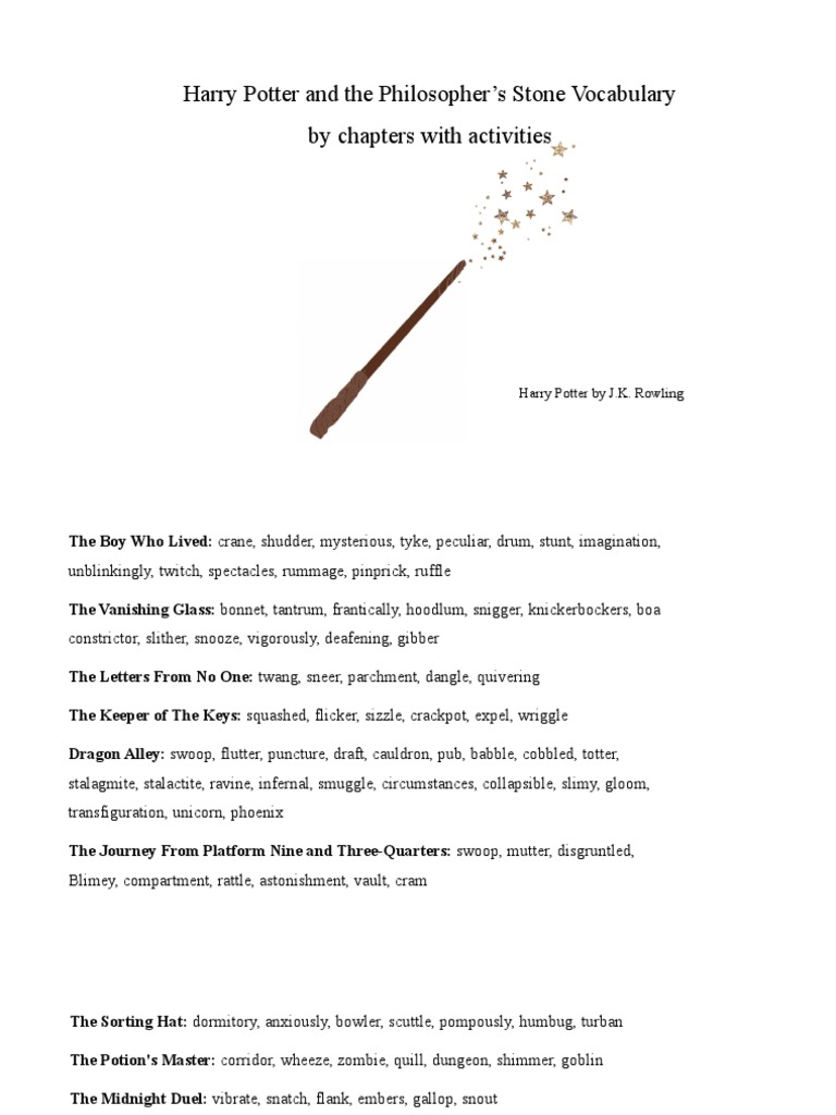 Harry Potter and The Philosopher's Stone Vocabulary by Chapters With ...